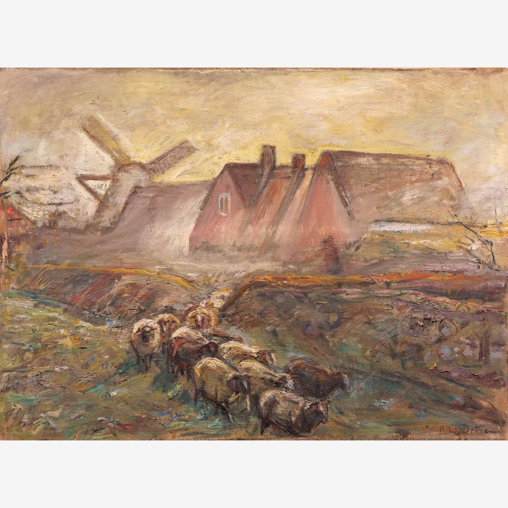 Ludwig Dettmann | Dorfhäuser hinterm Deich und Schafherde | MutualArt