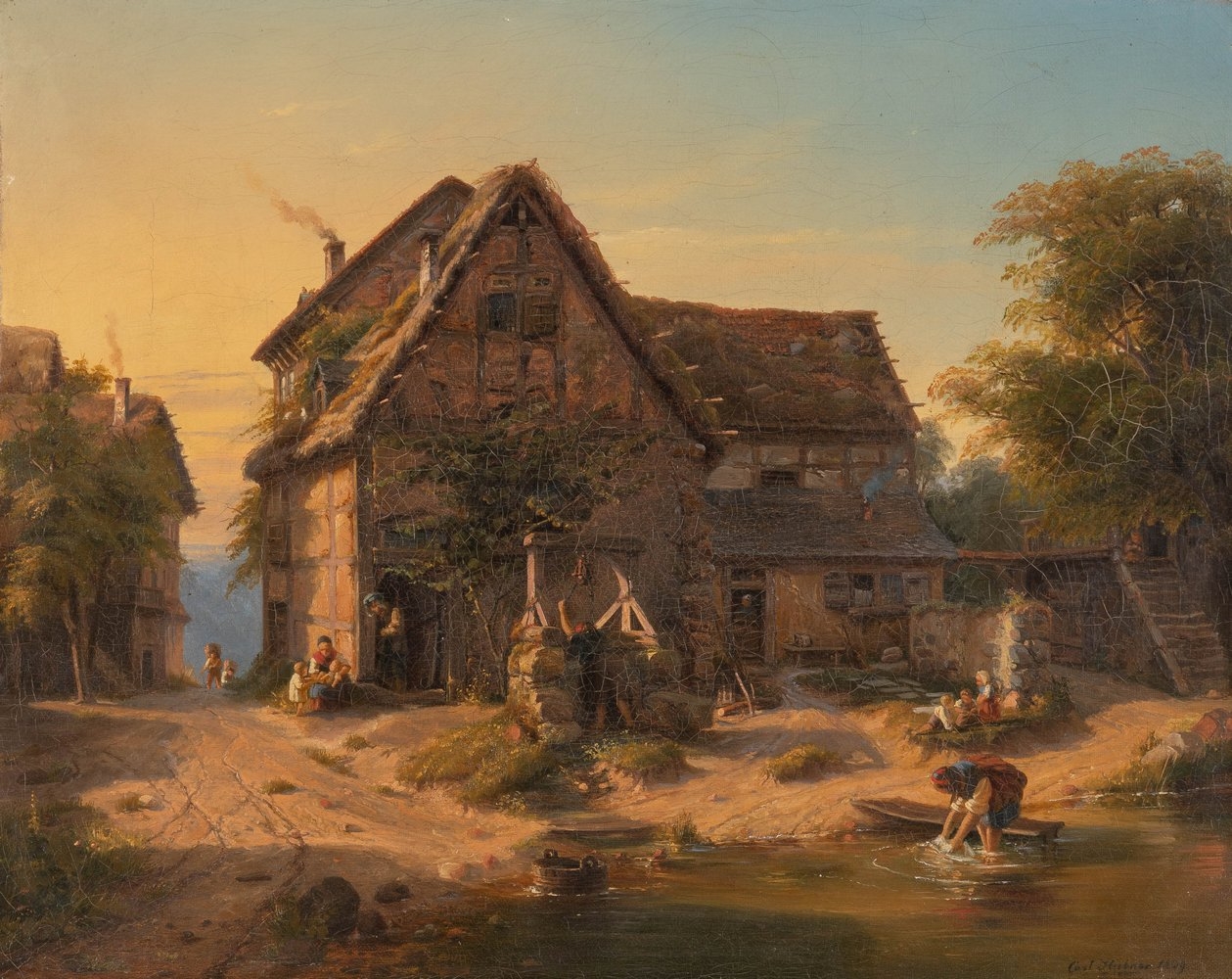 Carl Wilhelm Hübner | Dorfanger mit steinernem Ziehbrunnen (1839 ...