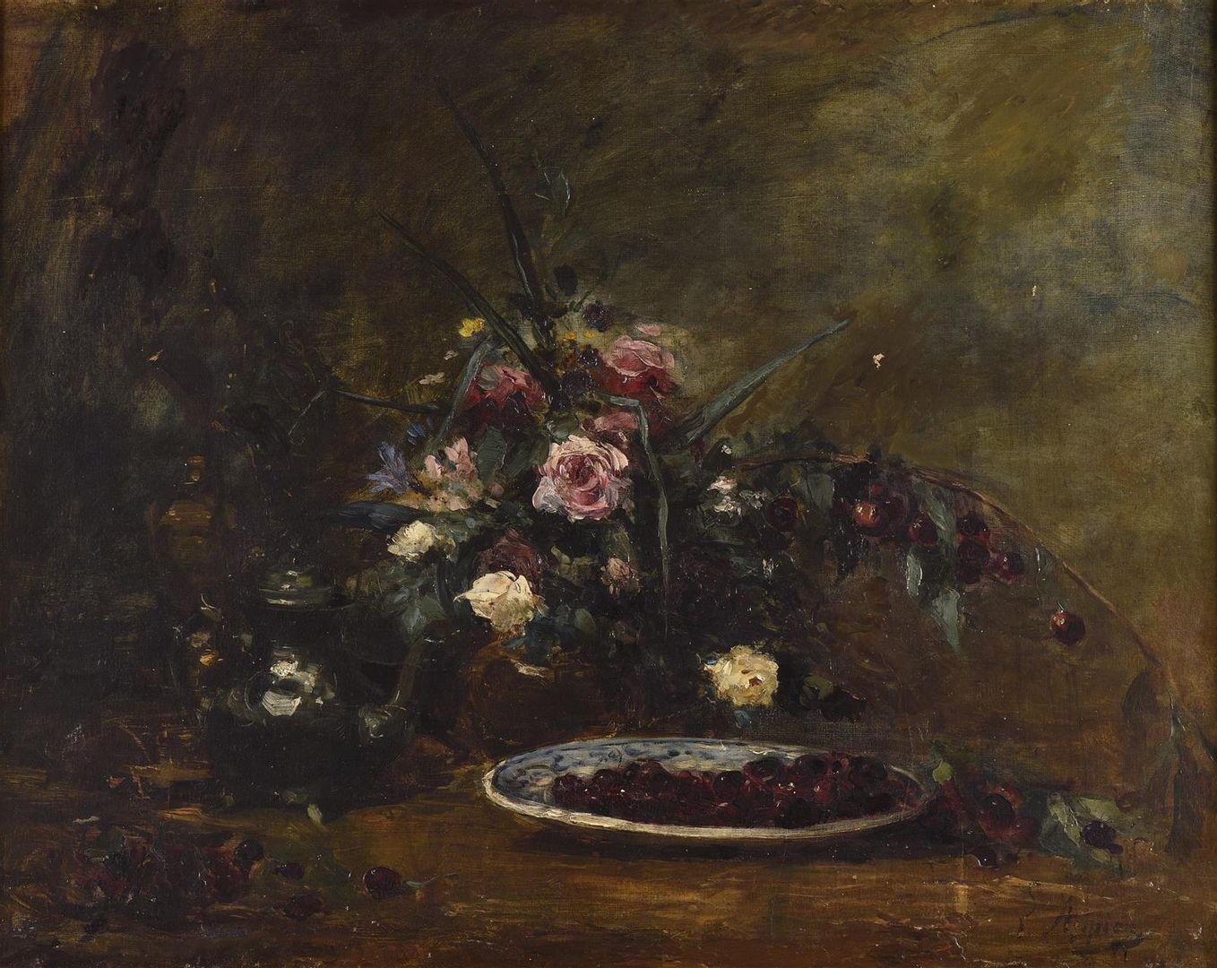 Louis Appian | Assiette de cerises et fleurs | MutualArt