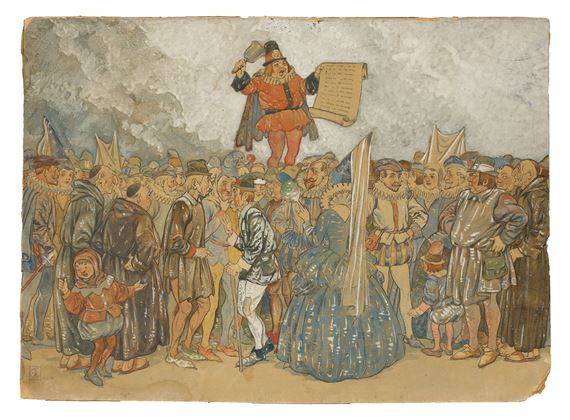 Walter Crane | A medieval crowd scene with town crier | MutualArt