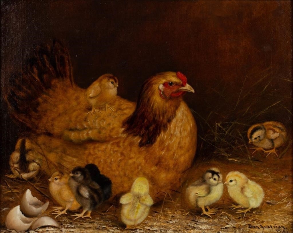 Ben Austrian | BARNYARD SCENE WITH HEN AND CHICKS (1910) | MutualArt