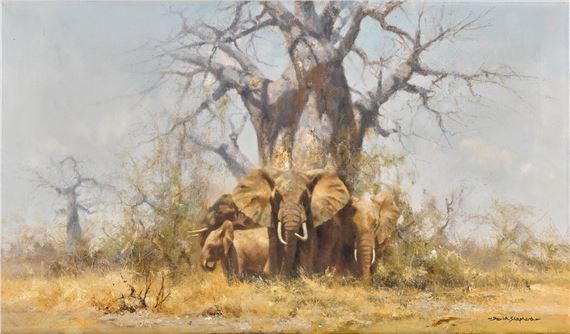 David Shepherd | Elephants and a Baobab Tree, Africa | MutualArt