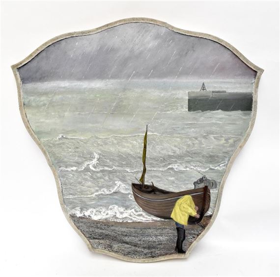Laetitia Yhap | 'Alone', coastal scene with single figure beside a boat ...