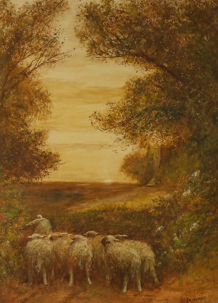 Frederick Hines | driving sheep at sunset | MutualArt