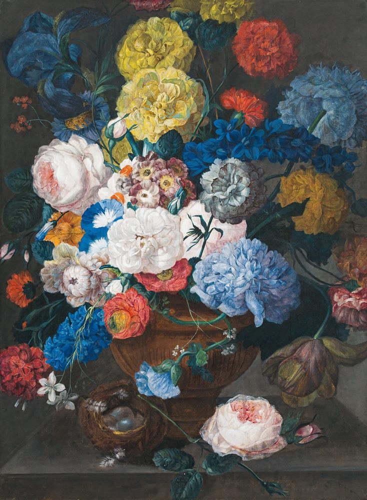 Joseph Nigg | Still life of flowers and bird's nest | MutualArt