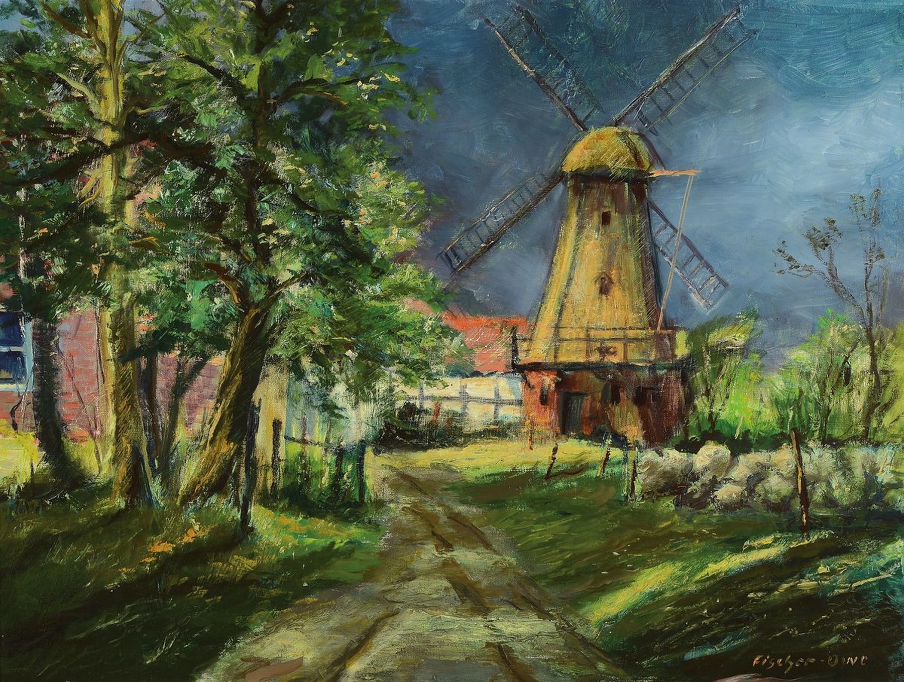 Bruno Fischer-Uwe | Stormy mood over homestead with windmill | MutualArt
