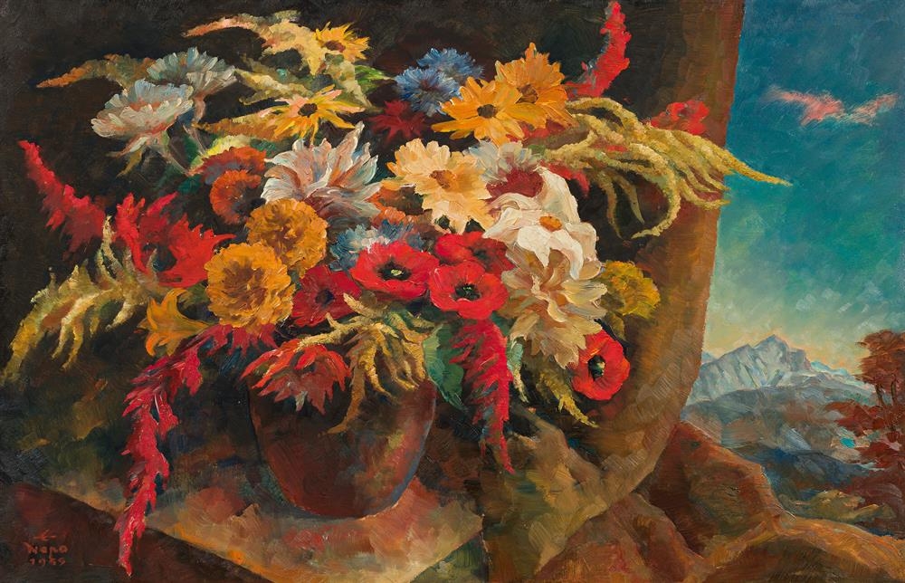 Ernst Nepo | Flower still life with a landscape view (1959) | MutualArt
