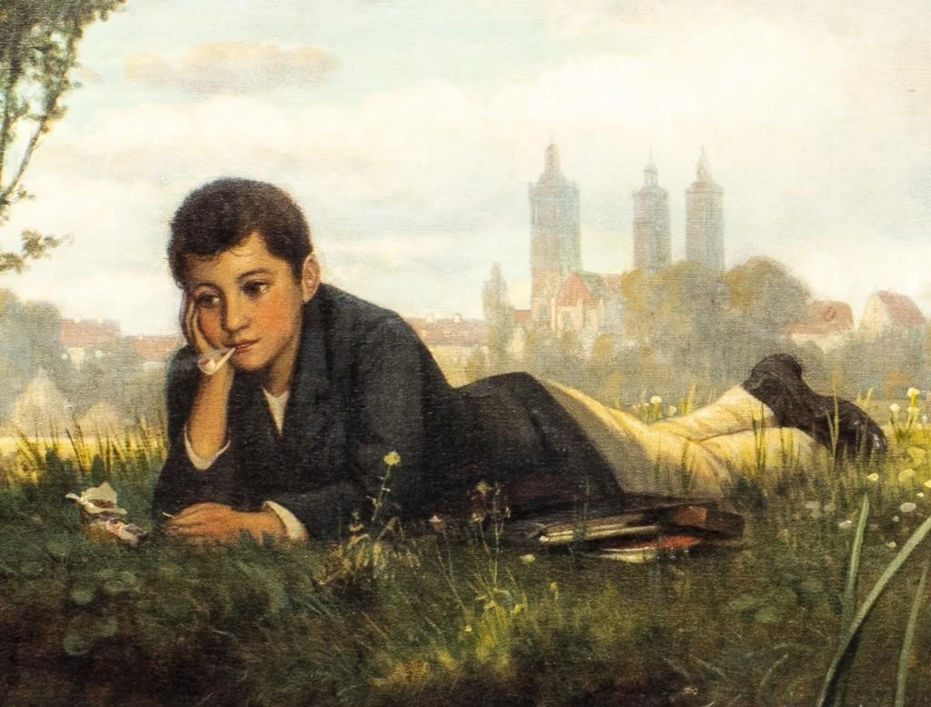 Albert Gustav Schwartz | Young boy lounging in landscape with buildings ...