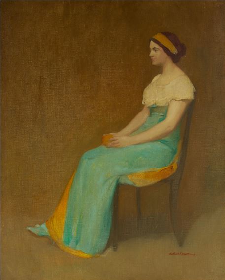 Arthur Frank Mathews | Study of a Lady in Ochre Seated with Green Dress ...