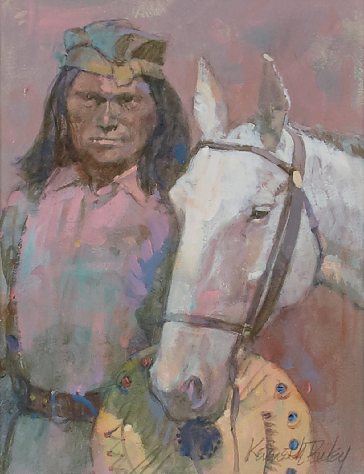 Kenneth Riley | Apache man and white horse (1992) | MutualArt