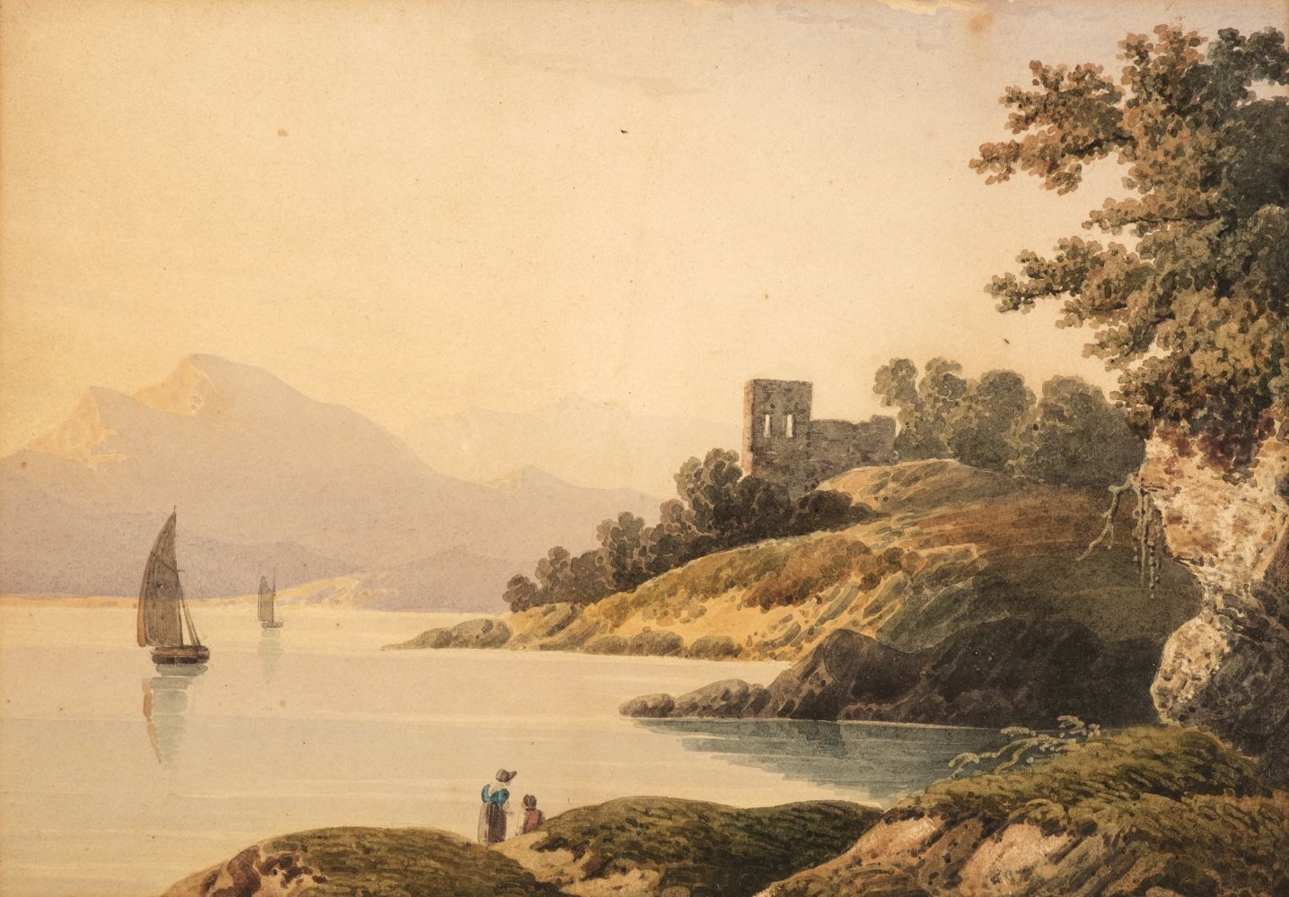 John Varley | Landscape with lake, castle ruin and distant mountains ...