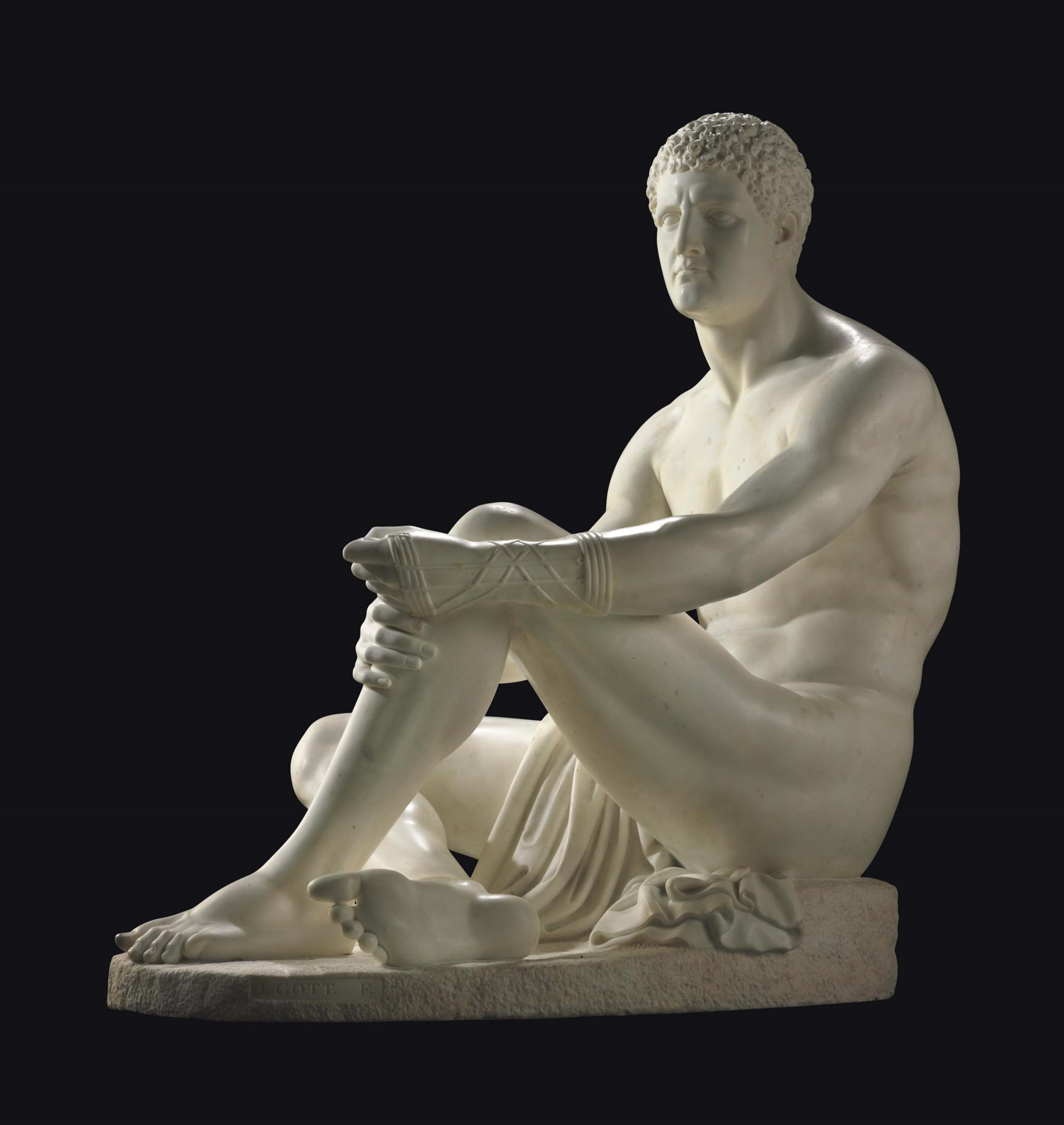Joseph Gott | AN ENGLISH MARBLE FIGURE OF A SEATED ALTHETE | MutualArt