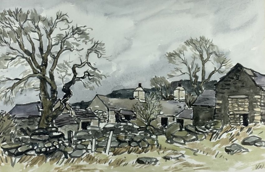 Kyffin Williams | Old Eryri farmstead with trees (Circa 1970) | MutualArt