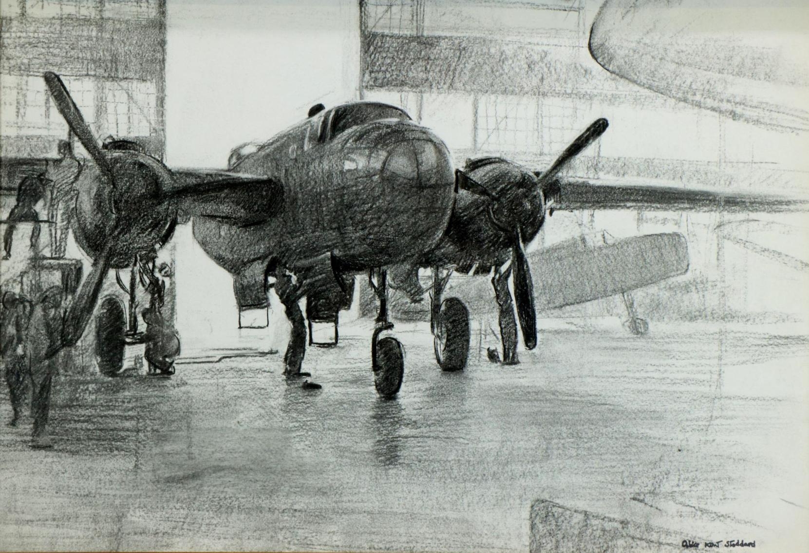 Alice Kent Stoddard | Hangar scene of mechanics busy at work on WWII ...