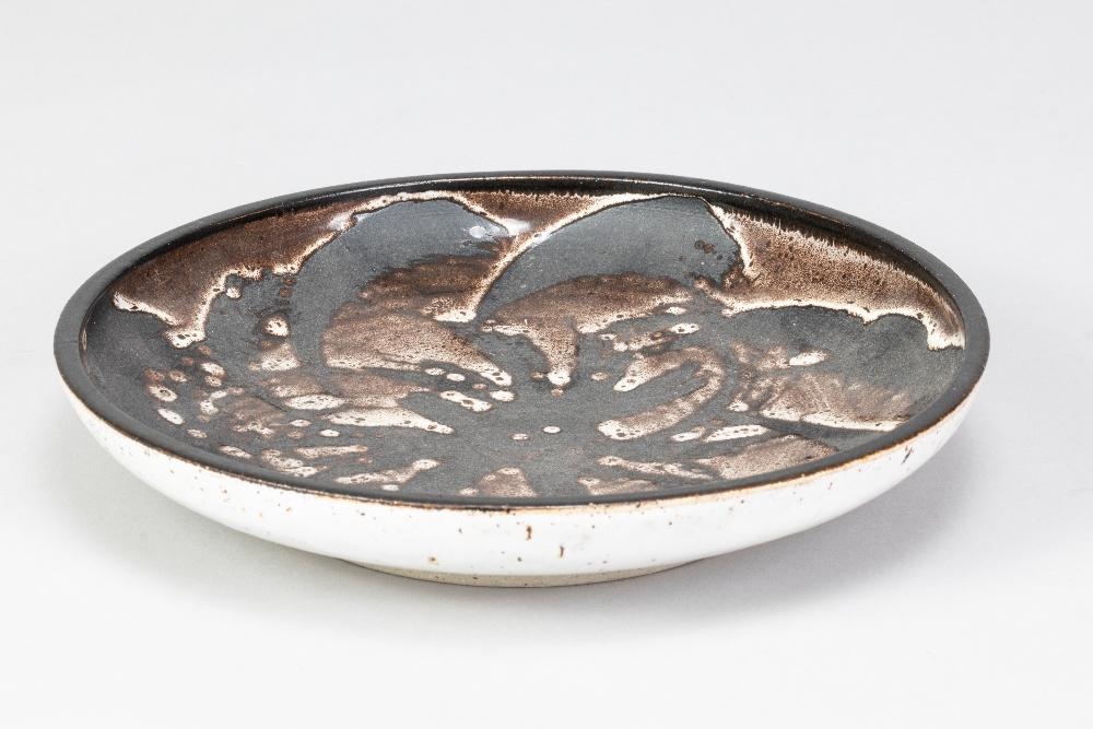 Barbara Cass | a shallow stoneware dish with white and iron glaze over ...