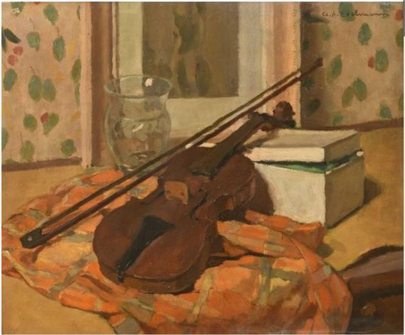 Charles Auguste Edelmann | Still life with a violin | MutualArt