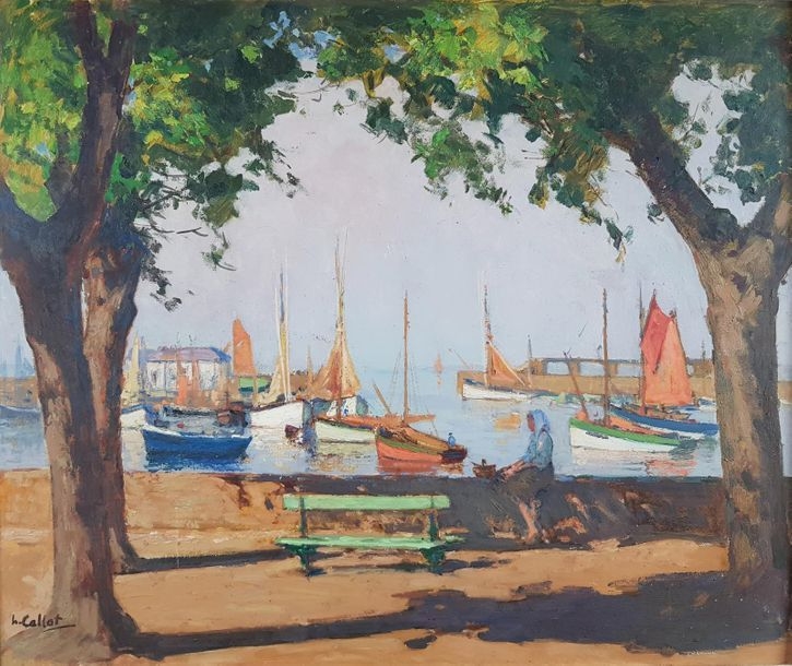 Henri Eugène Callot | Femme assise devant un port à l'île de Ré ...