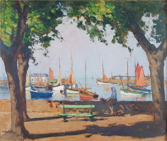 Henri Eugène Callot | Femme assise devant un port à l'île de Ré ...