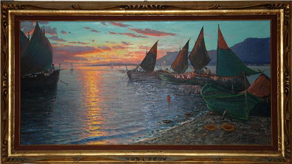Guglielmo Welters | Veduta al tramonto di barche a vela a riva | MutualArt