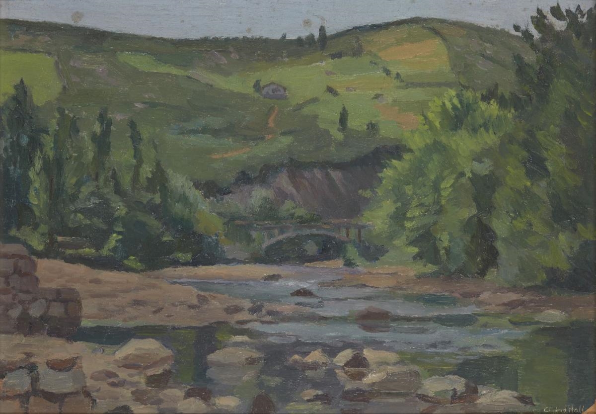 Clifford Hall | River landscape with a stone bridge and hills beyond ...