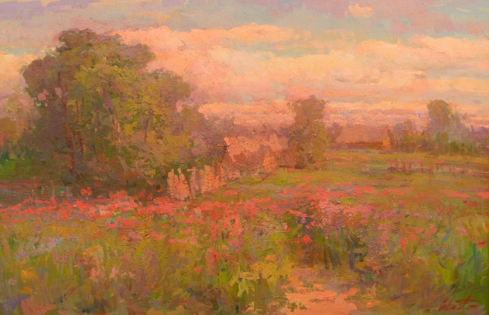 Galust Berberian | farm at sunset, large impressionist landscape ...