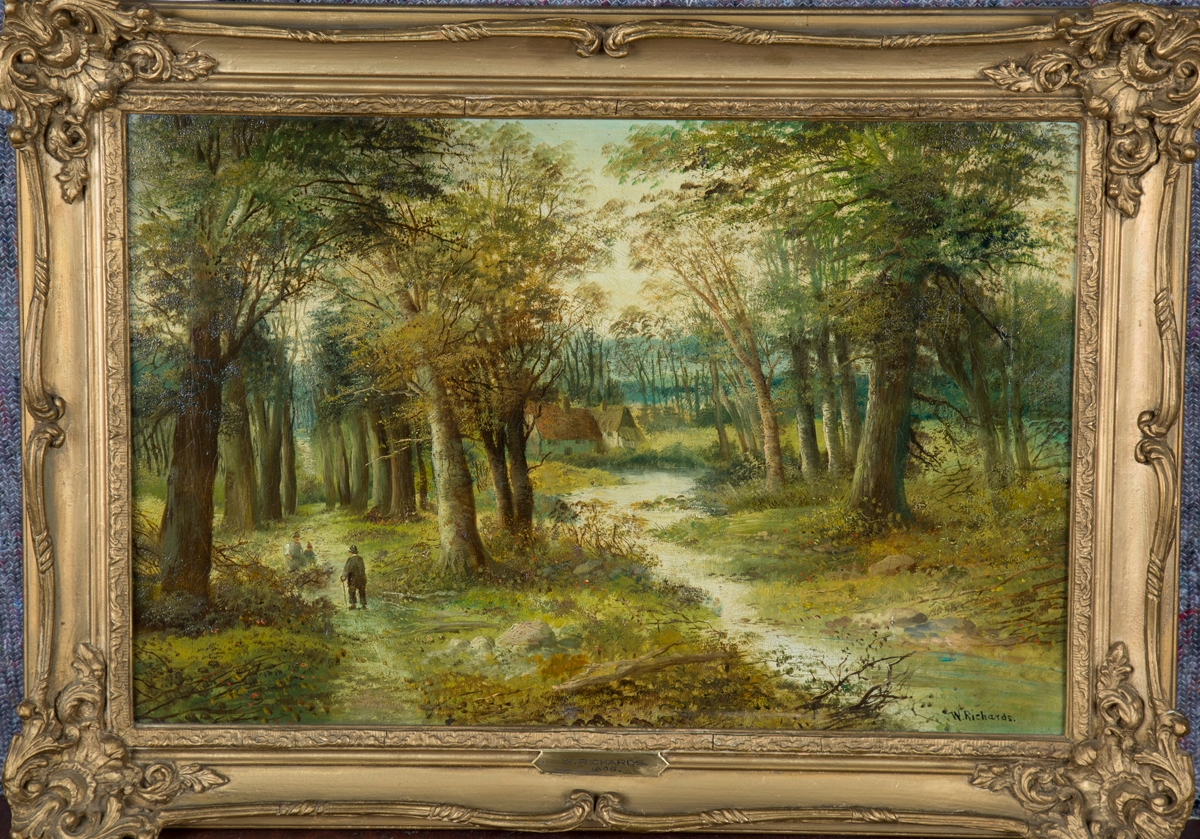 W. Richards | Woodland View with Cottages and Figures (20th Century ...