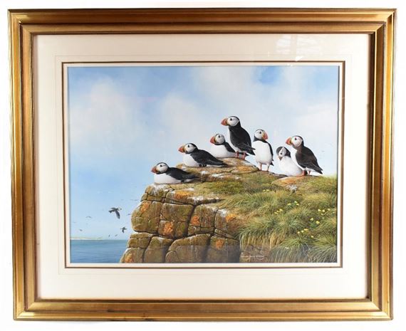 Ralph Waterhouse | puffins on a rocky outcrop | MutualArt