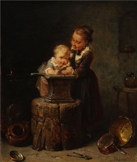 August Plum | Children playing in a smithy (1865) | MutualArt