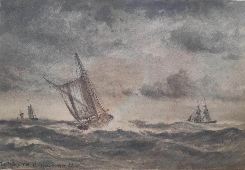 Vilhelm Melbye | Seascape with ship in high waves (1874) | MutualArt