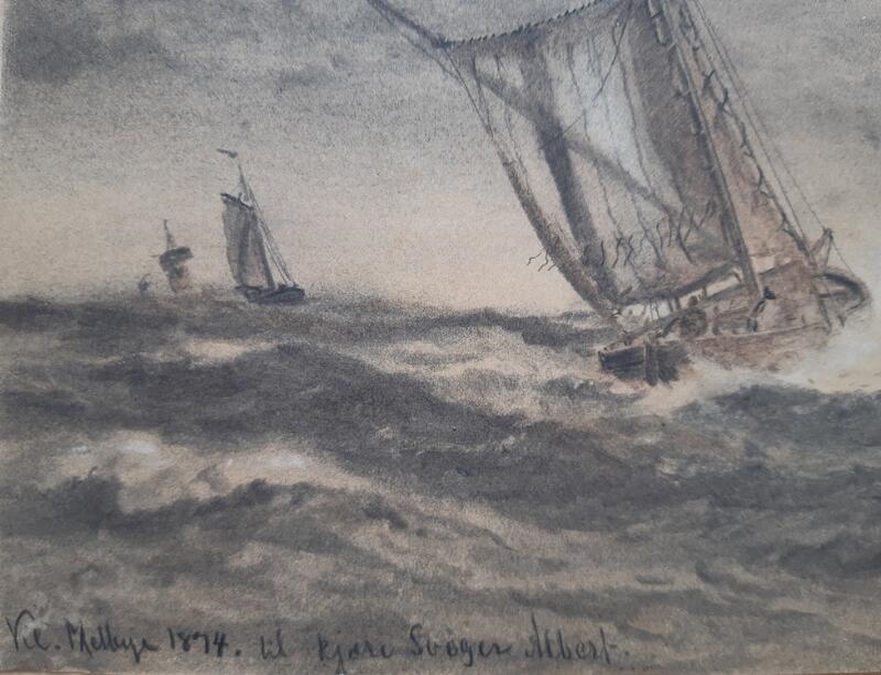 Vilhelm Melbye | Seascape with ship in high waves (1874) | MutualArt
