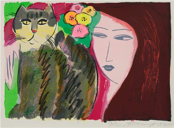 Walasse Ting | Red-haired beauty and cat (1985) | MutualArt