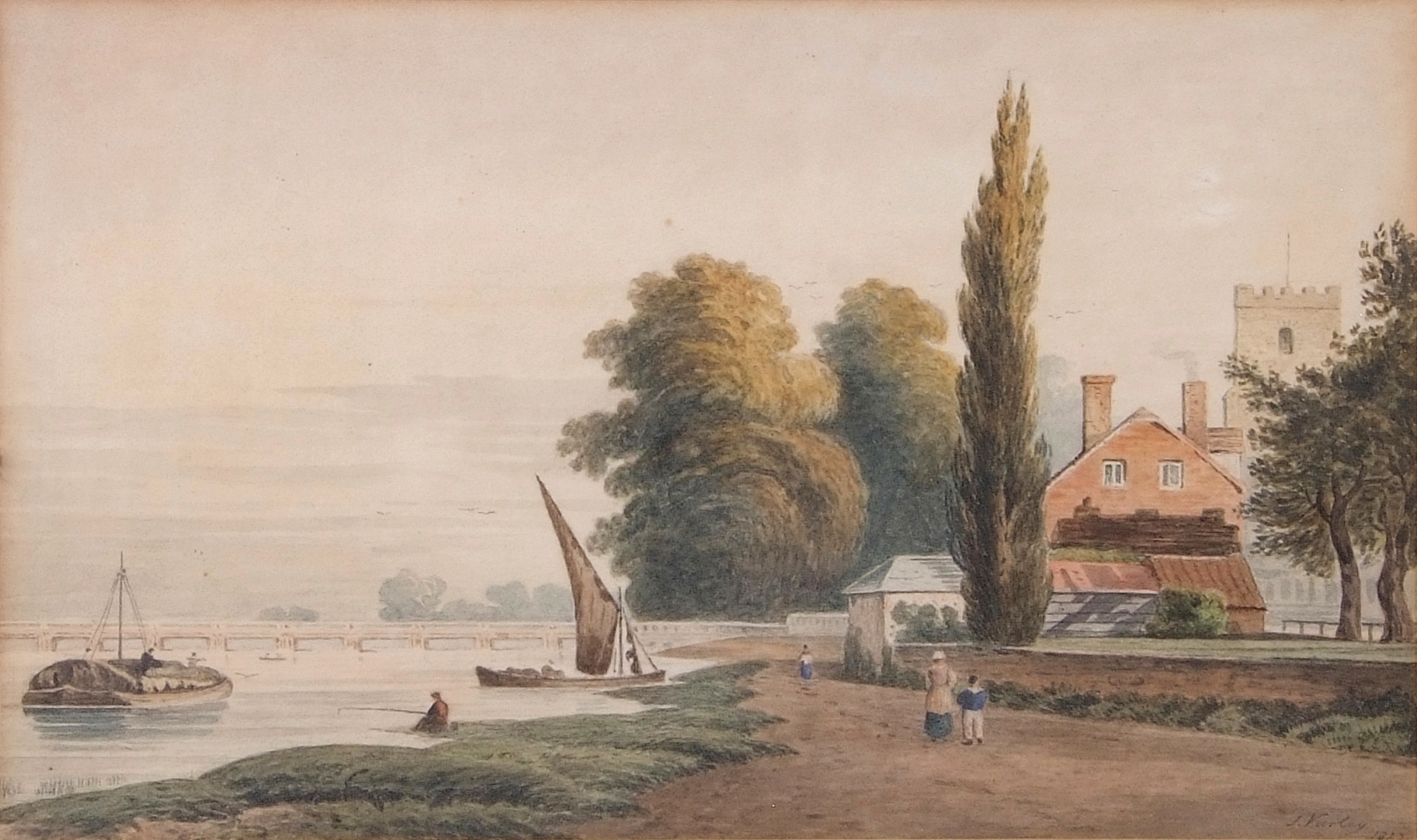 John Varley | River landscape with figures and architectural interest ...