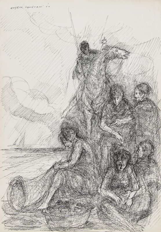 Angelo Canevari | Cavallo e figure sulla spiaggia (1965) | MutualArt