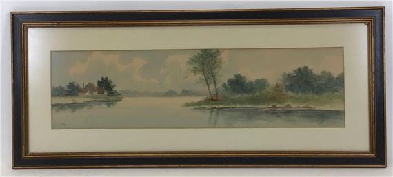 Luella Laird | Panoramic waterscape of a white cottage and lush ...