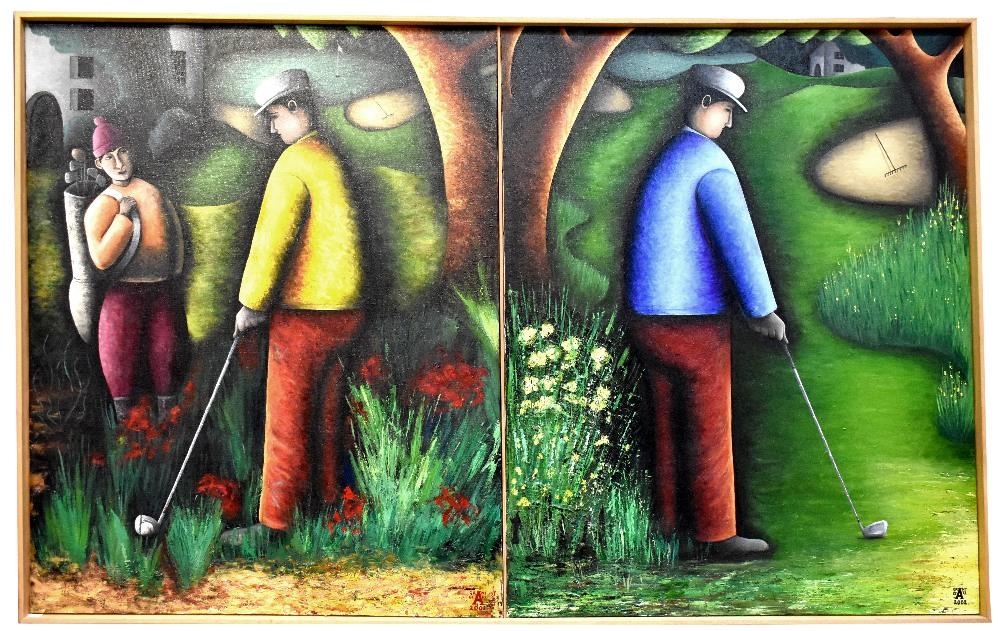Grant Searl | a diptych of golfers on the green ready to swing | MutualArt