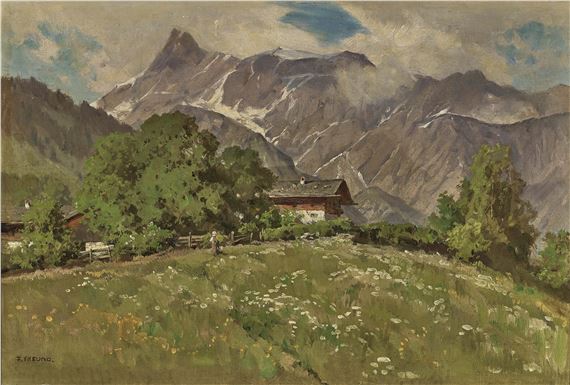Fritz Freund | Gebirgslandschaft mit Bauerngehöft (1859) | MutualArt