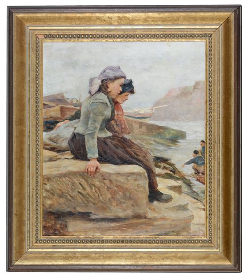 Robert Jobling | Two fishergirls wearing Staithes bonnets, seated on ...
