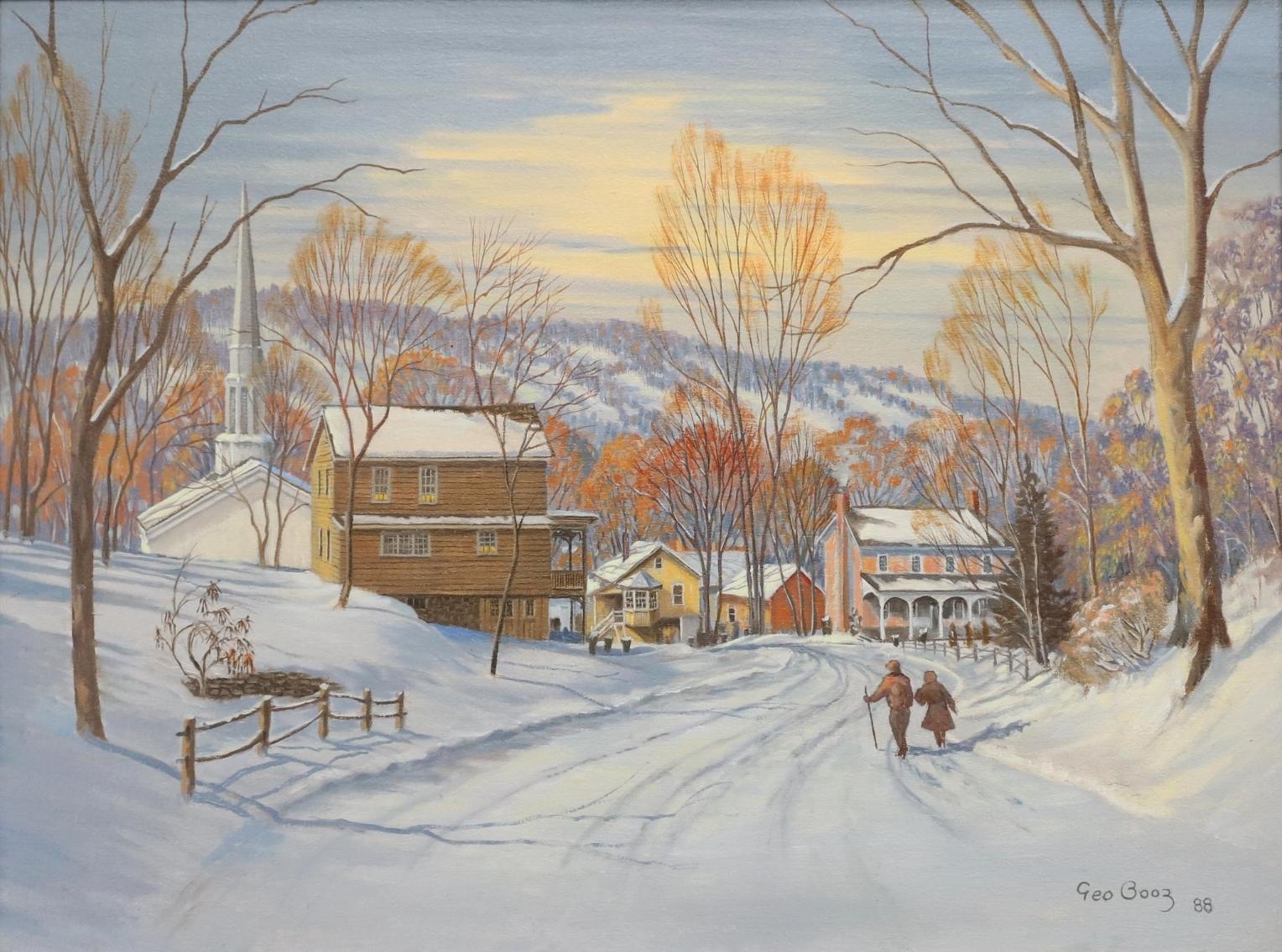 George Booz | Winter scene with a couple returning to town on a snow ...