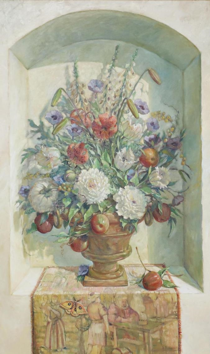 Dot Bunn | Table top still life with chrysanthemums and apples set upon ...