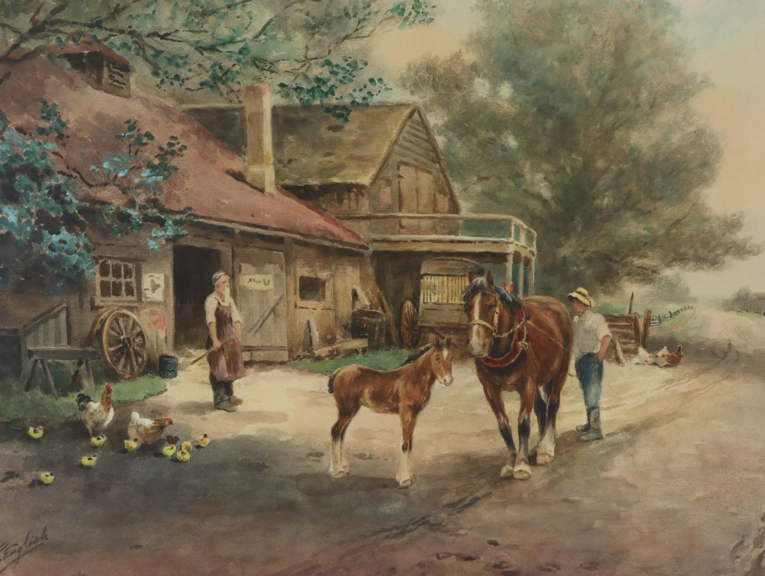 Frank F. English | Country scene with a horse and foal outside a ...