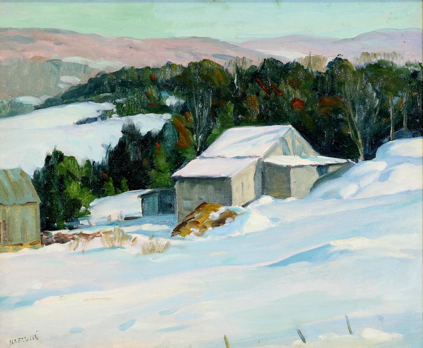 Ben Marcune | . Rural winter landscape of a white barn | MutualArt