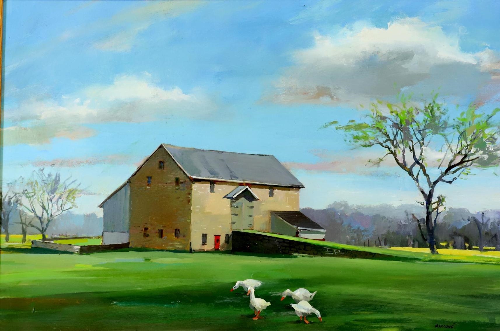 Ben Marcune | Rural landscape with bank barn and ducks in the ...