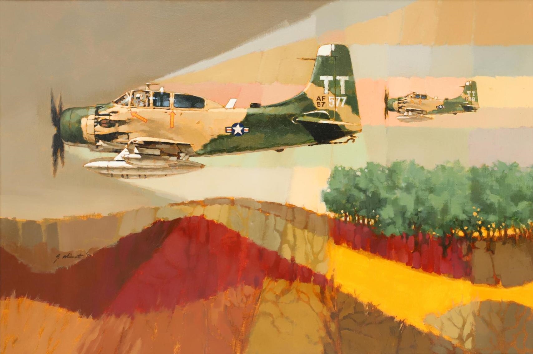 George Akimoto | Aerial scene of an AH-1 Skyraider cutting through gray ...