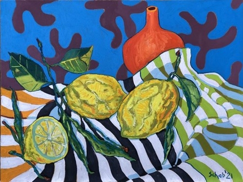Dawid Schab | STILL LIFE WITH LEMONS AND ORANGE VESSEL (2021) | MutualArt