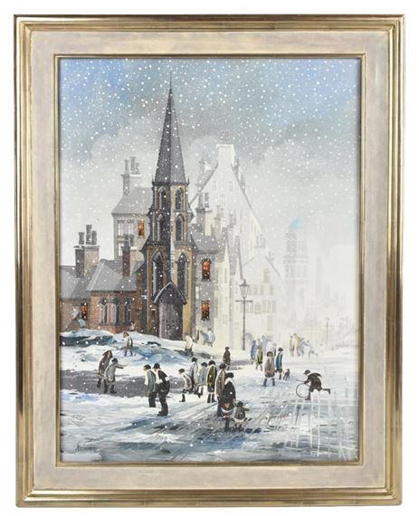 Shields Brian | winter street scene with figures in foreground ...