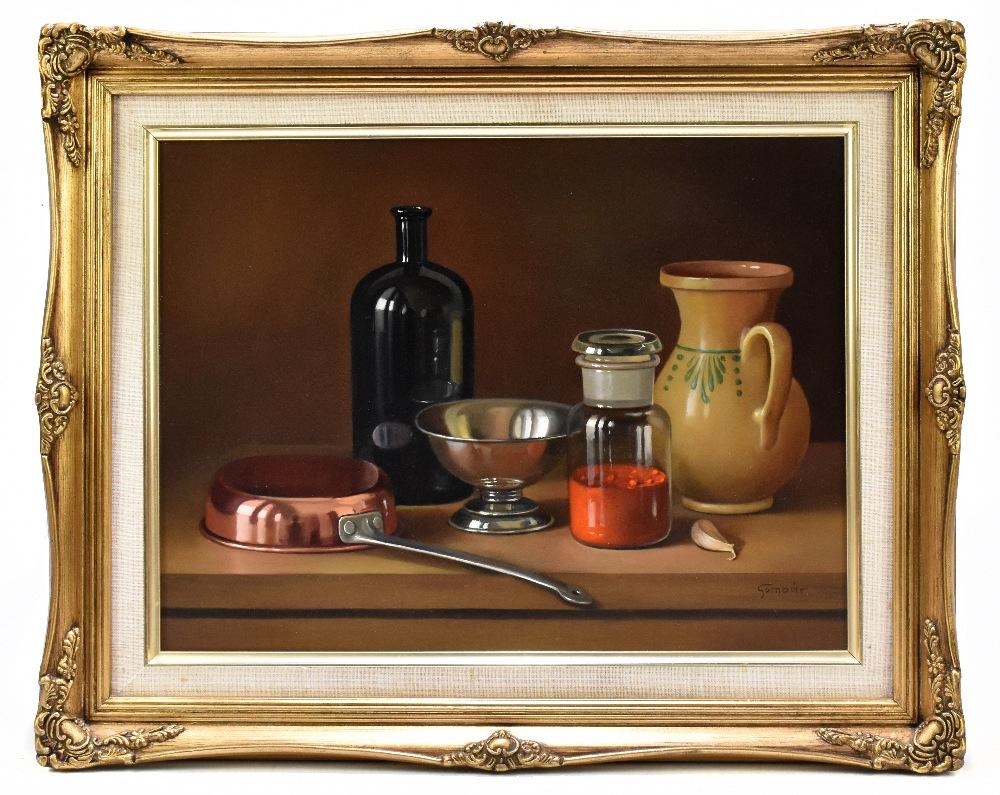 Andras Gombar | still life of a copper pan, glass bottle, jug and other ...