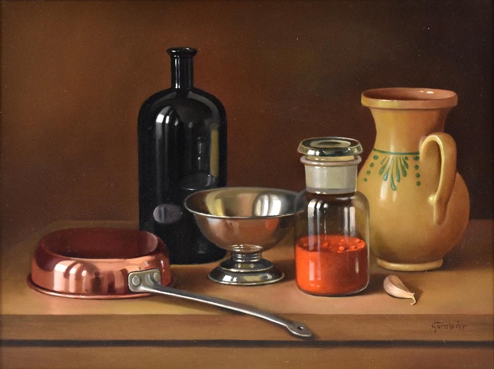 Andras Gombar | still life of a copper pan, glass bottle, jug and other ...