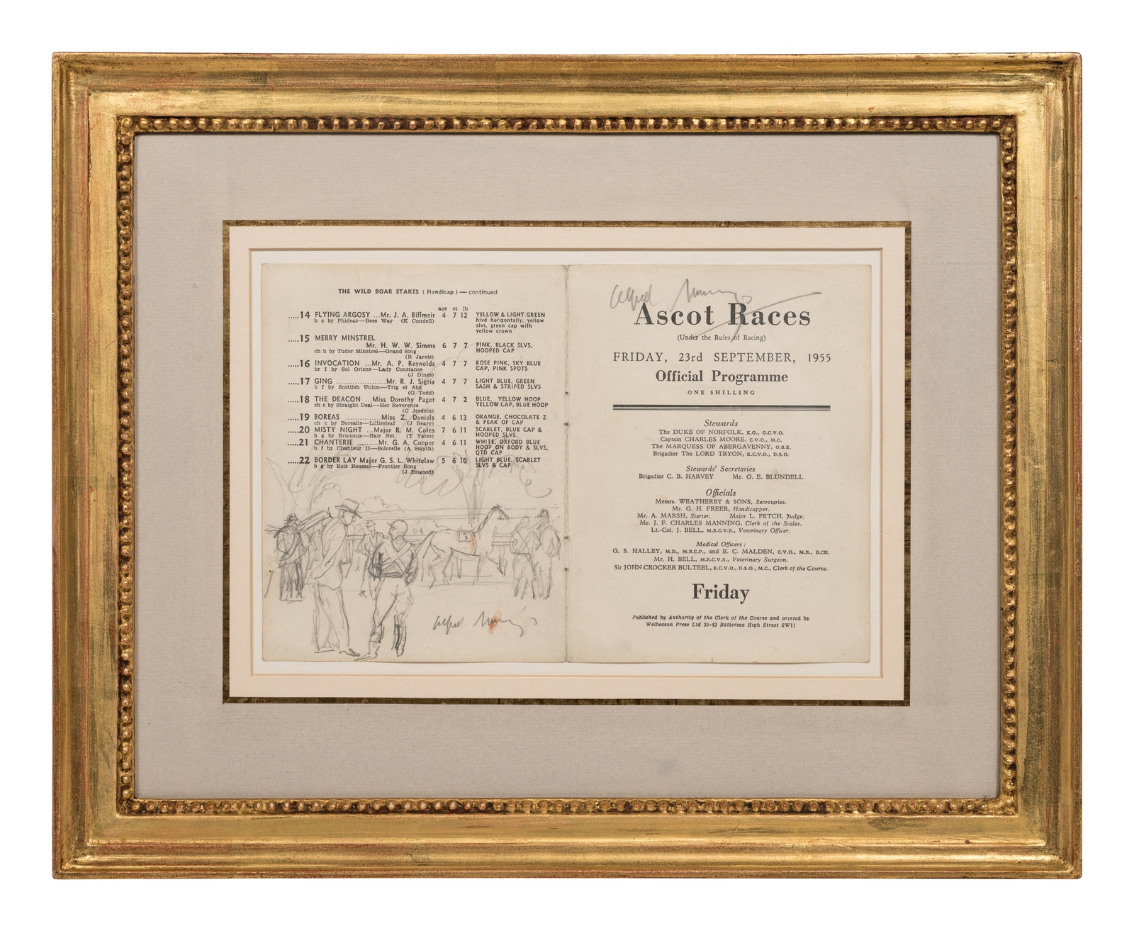 Sir Alfred James Munnings | Ascot Race Card with a Sketch of Jockeys ...