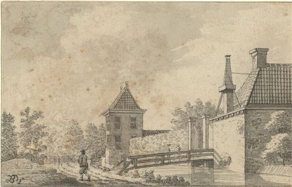 Jan de Beyer | Part of a mansion with a bridge on the right, a road ...