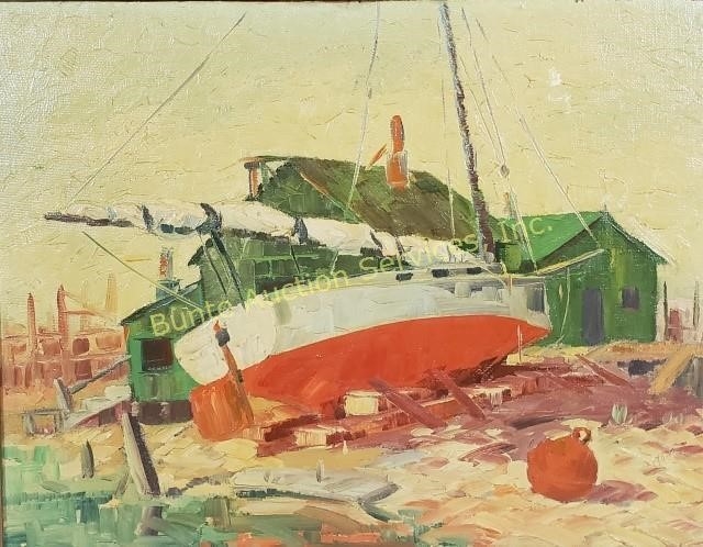 Elzie Crisler Segar | Impressionist boatyard scene | MutualArt
